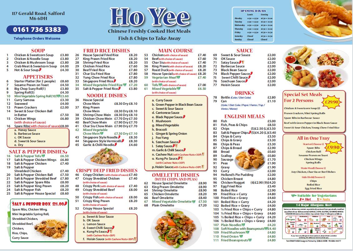 Menu at Ho Yee Chippy restaurant, Salford