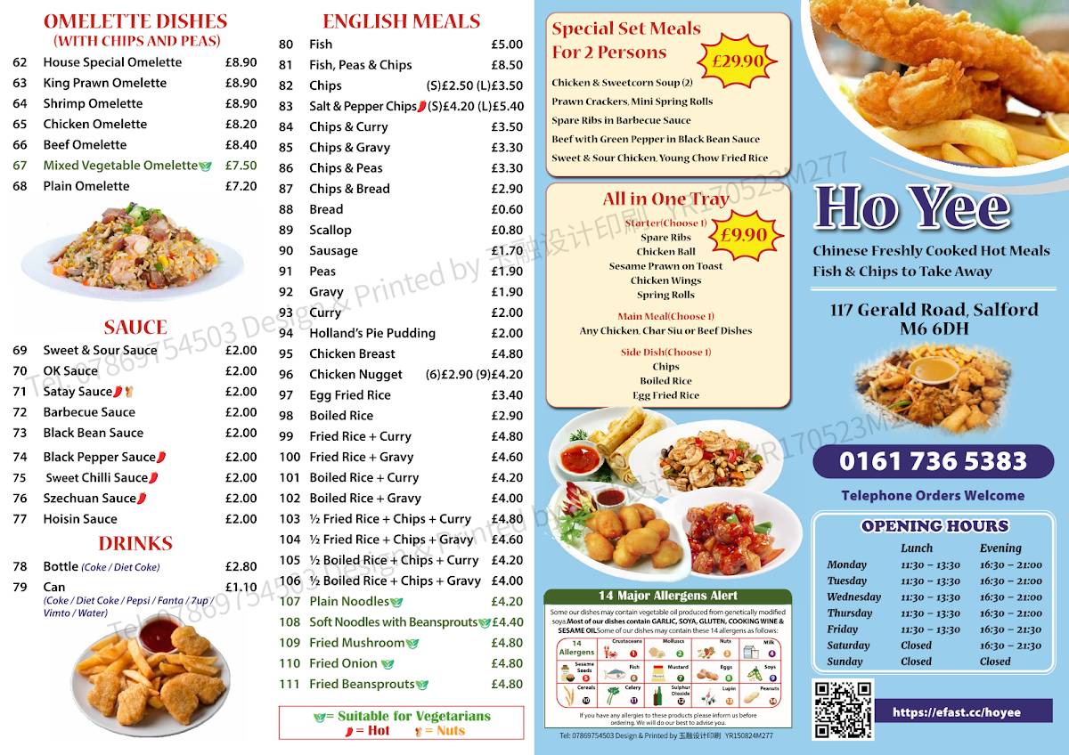 Menu at Ho Yee Chippy restaurant, Salford