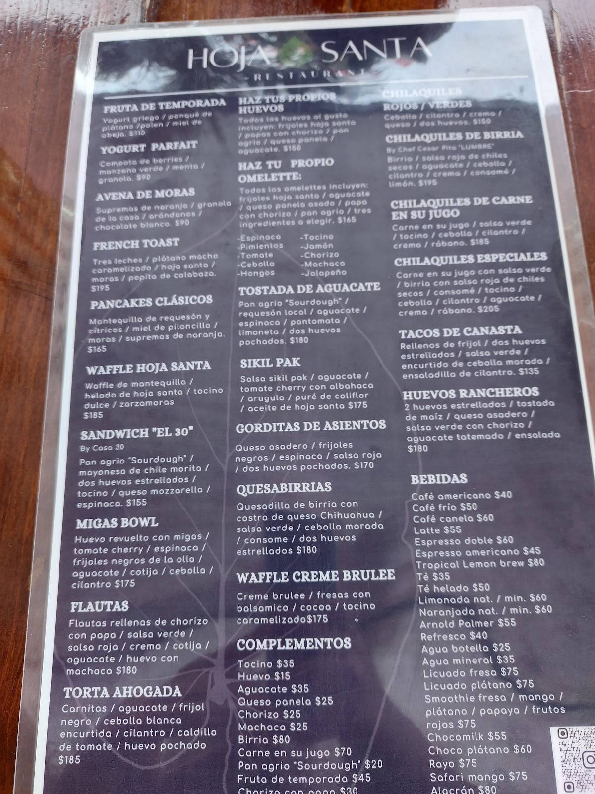 Menu at Hoja Santa Restaurant, Cabo San Lucas