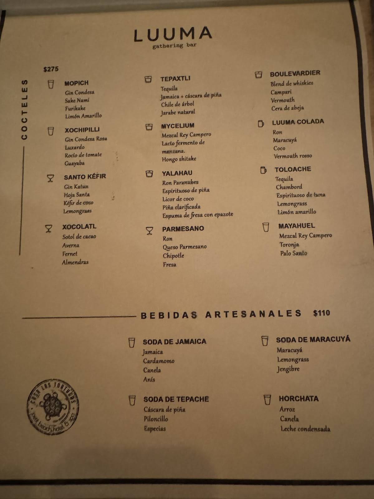 Menu at LUUMA pub & bar, Holbox