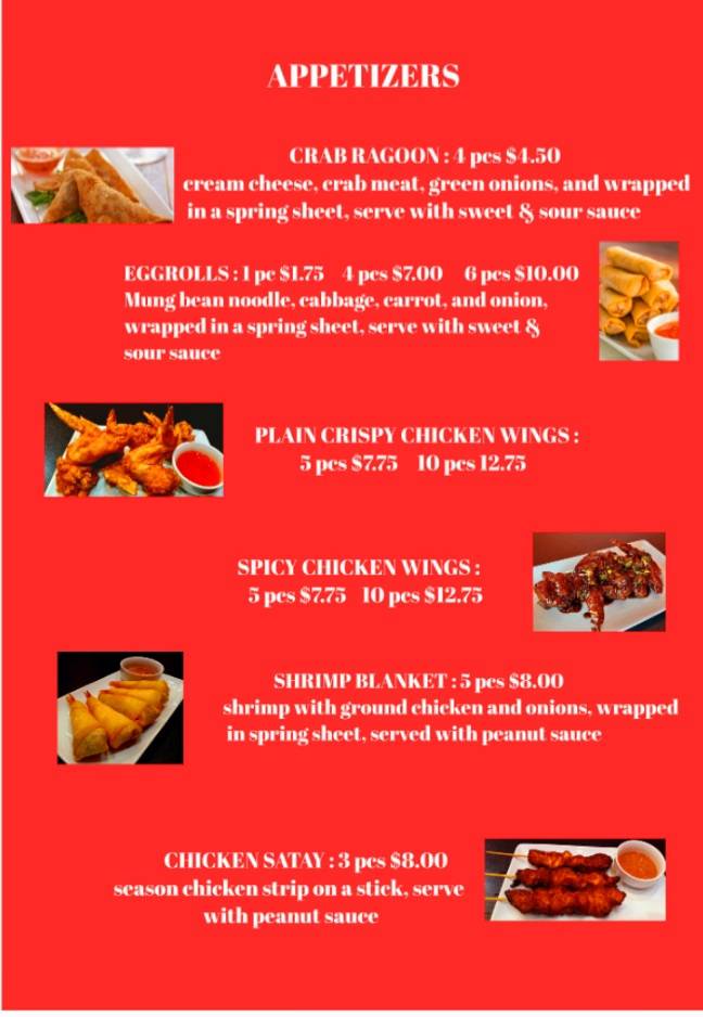 Menu at Taste of Thai restaurant, Holmen