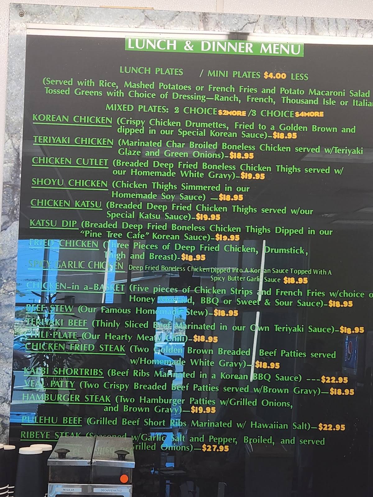 Menu at Pine Tree Cafe, Kailua-Kona, 73-4040 Hulikoa Dr