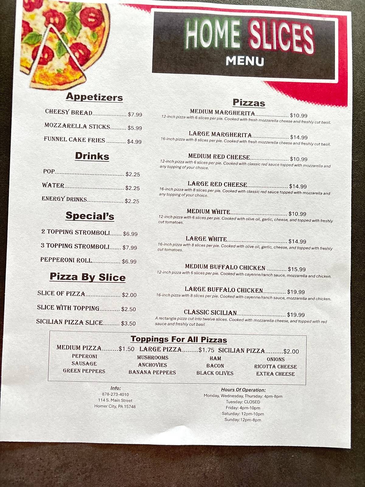 Menu at Home Slice's restaurant, Homer City