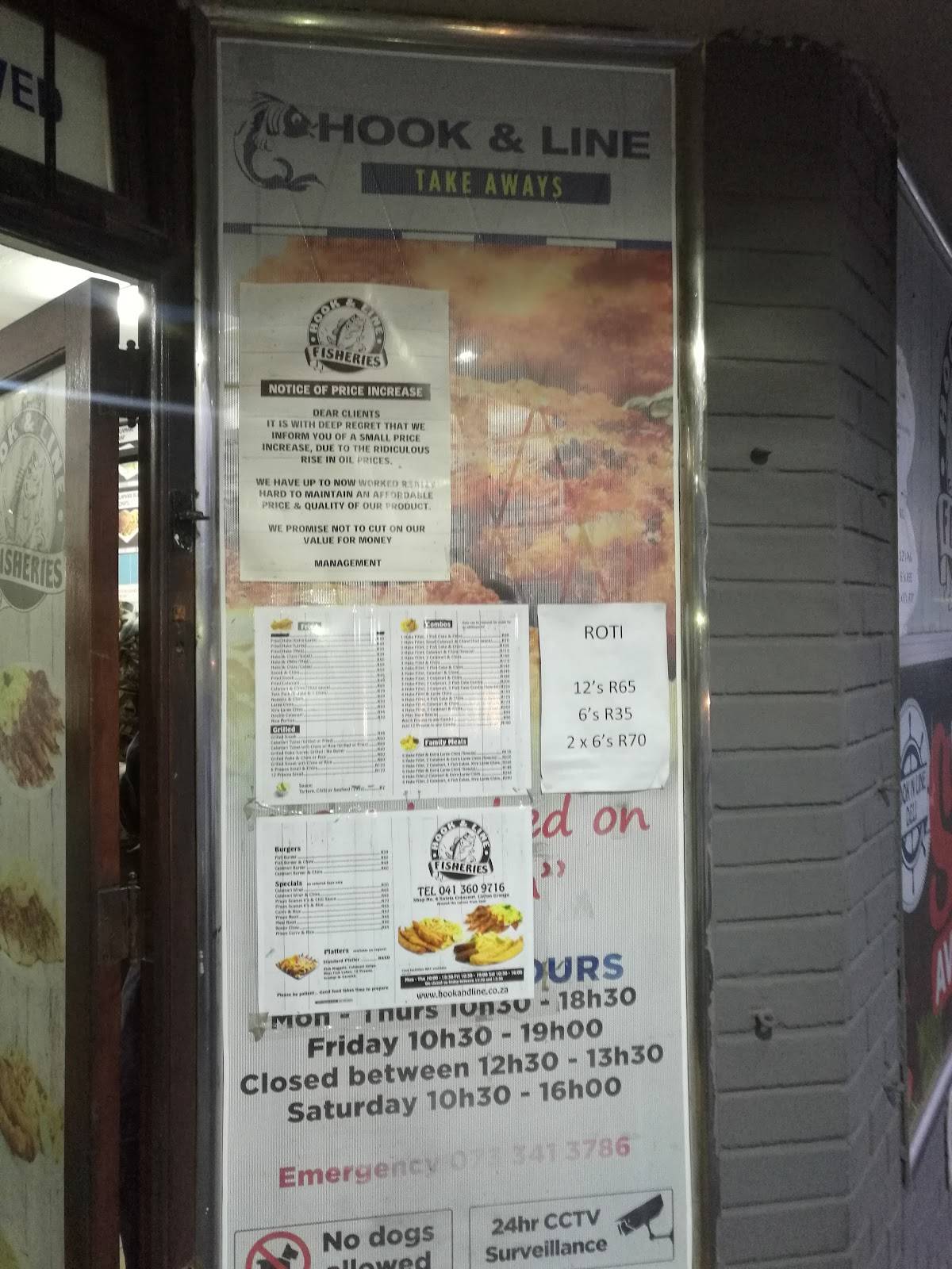 Menu at Hook & Line Fisheries restaurant, South Africa