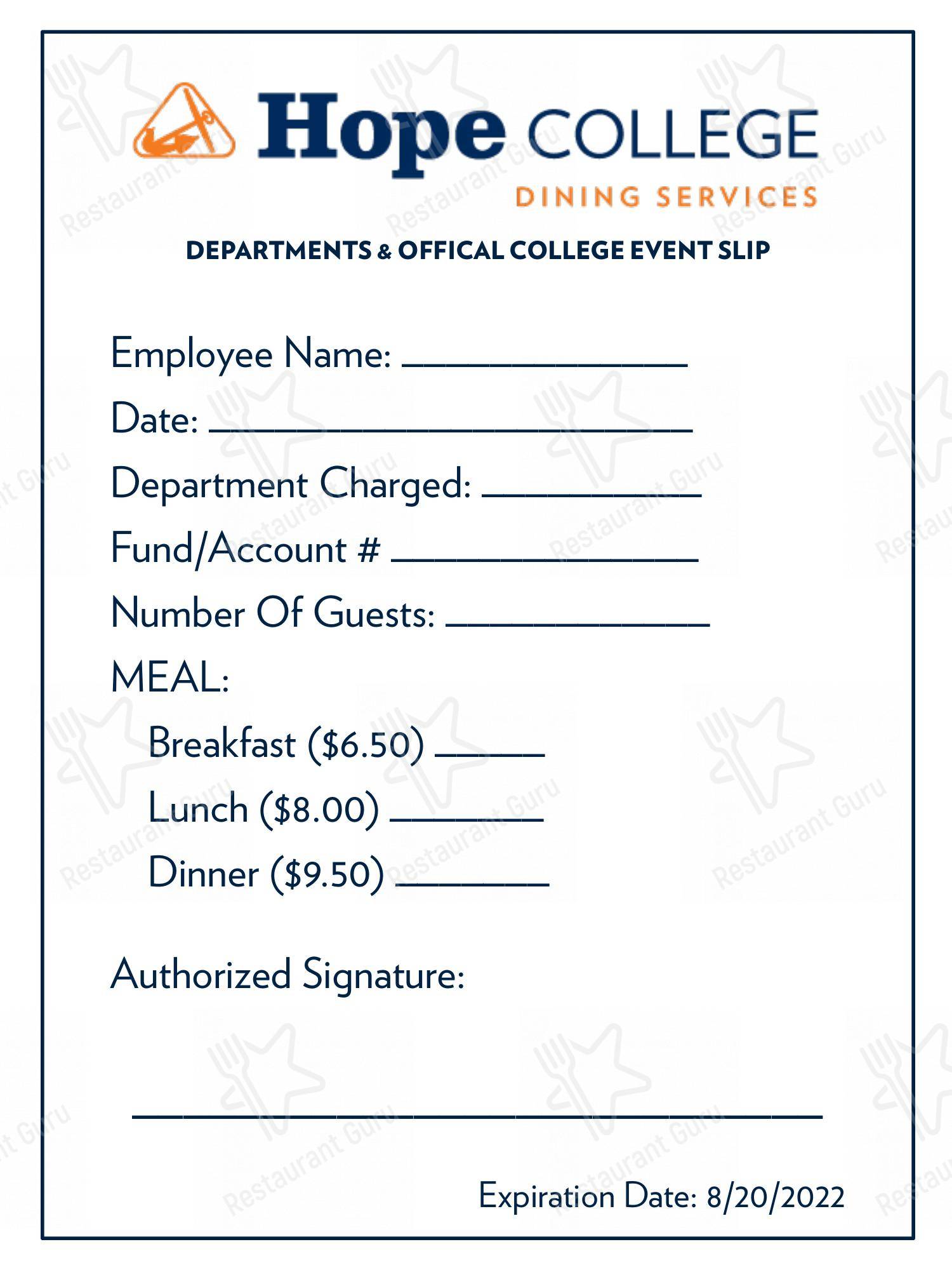 Menu at Hope College Dining Office restaurant, Holland