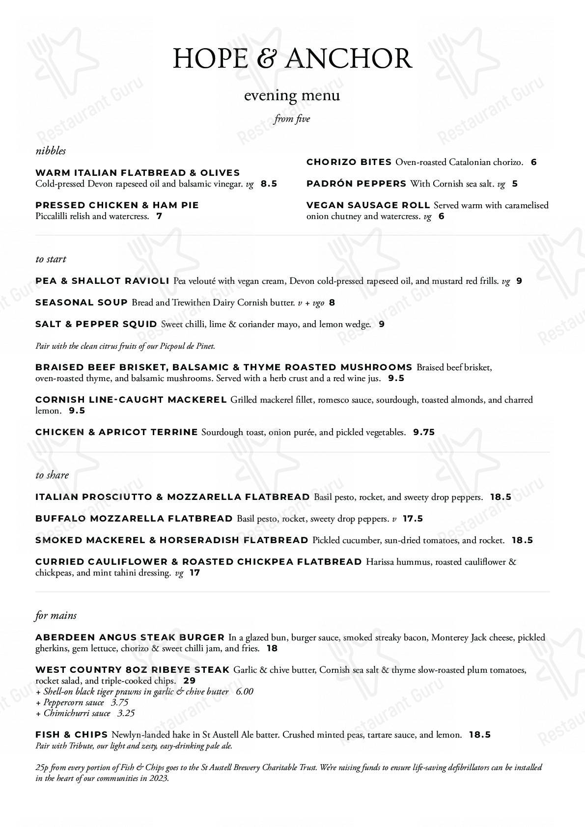 Menu at Hope & Anchor, Hope Cove pub & bar, Hope Cove