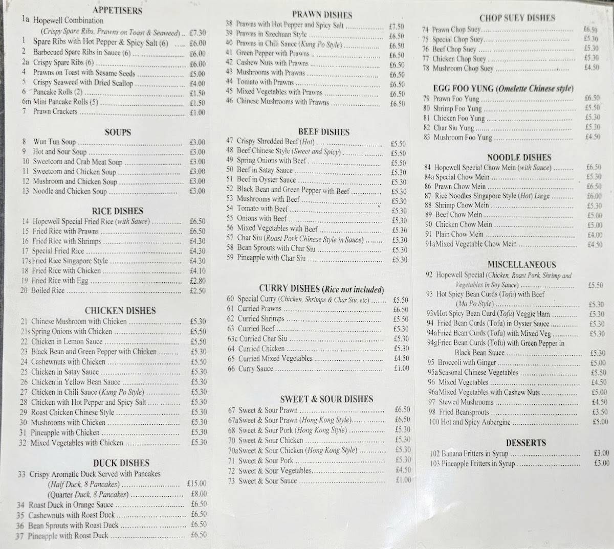 Menu at Hopewell Chinese Take Away fast food, London