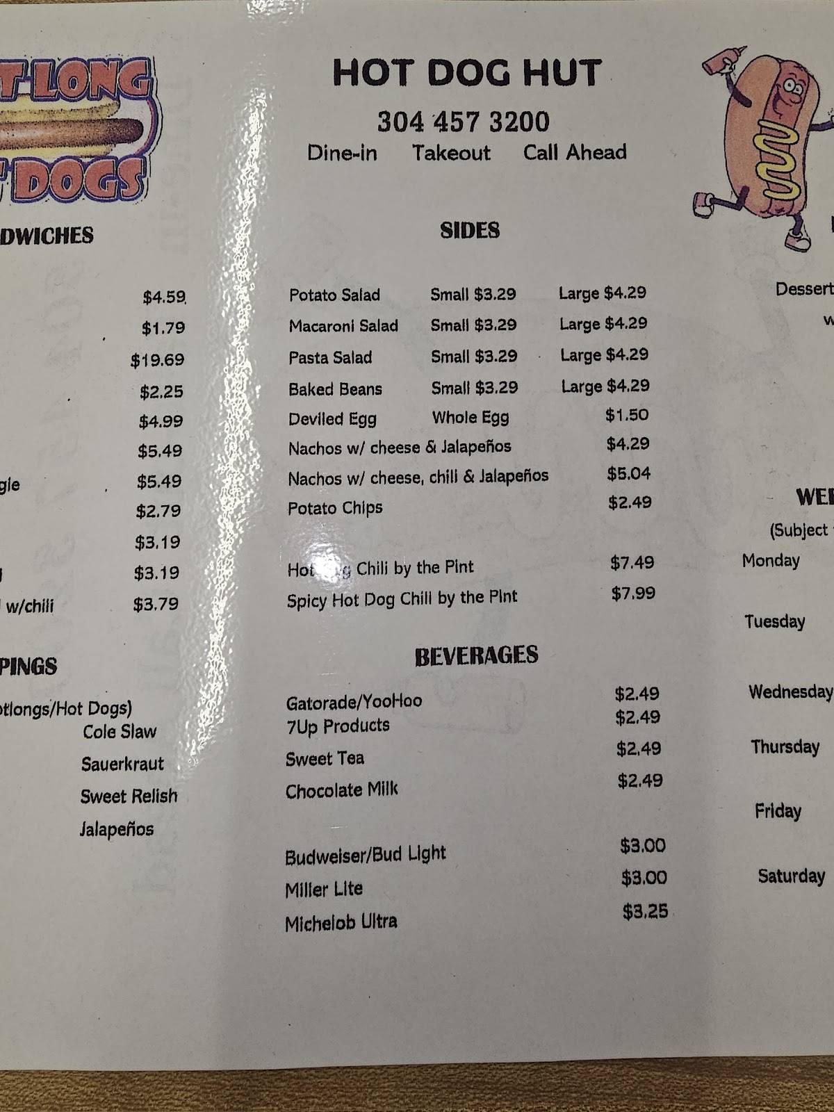 Menu at Hot Dog Hut restaurant, Philippi, 26 Mansfield Dr
