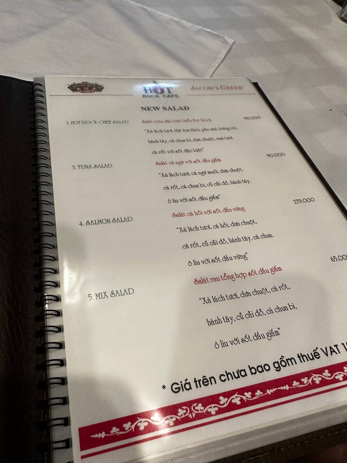 Menu at Hot Rock Cafe, Hanoi, 117A1 P. Giảng Võ
