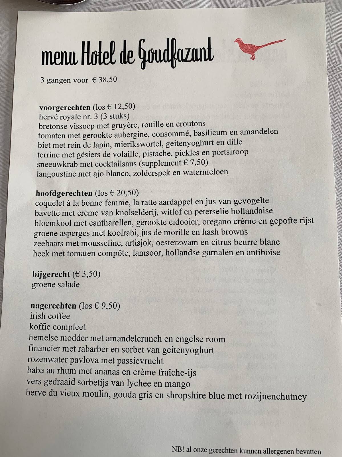 Menu at Hotel De Goudfazant, Amsterdam