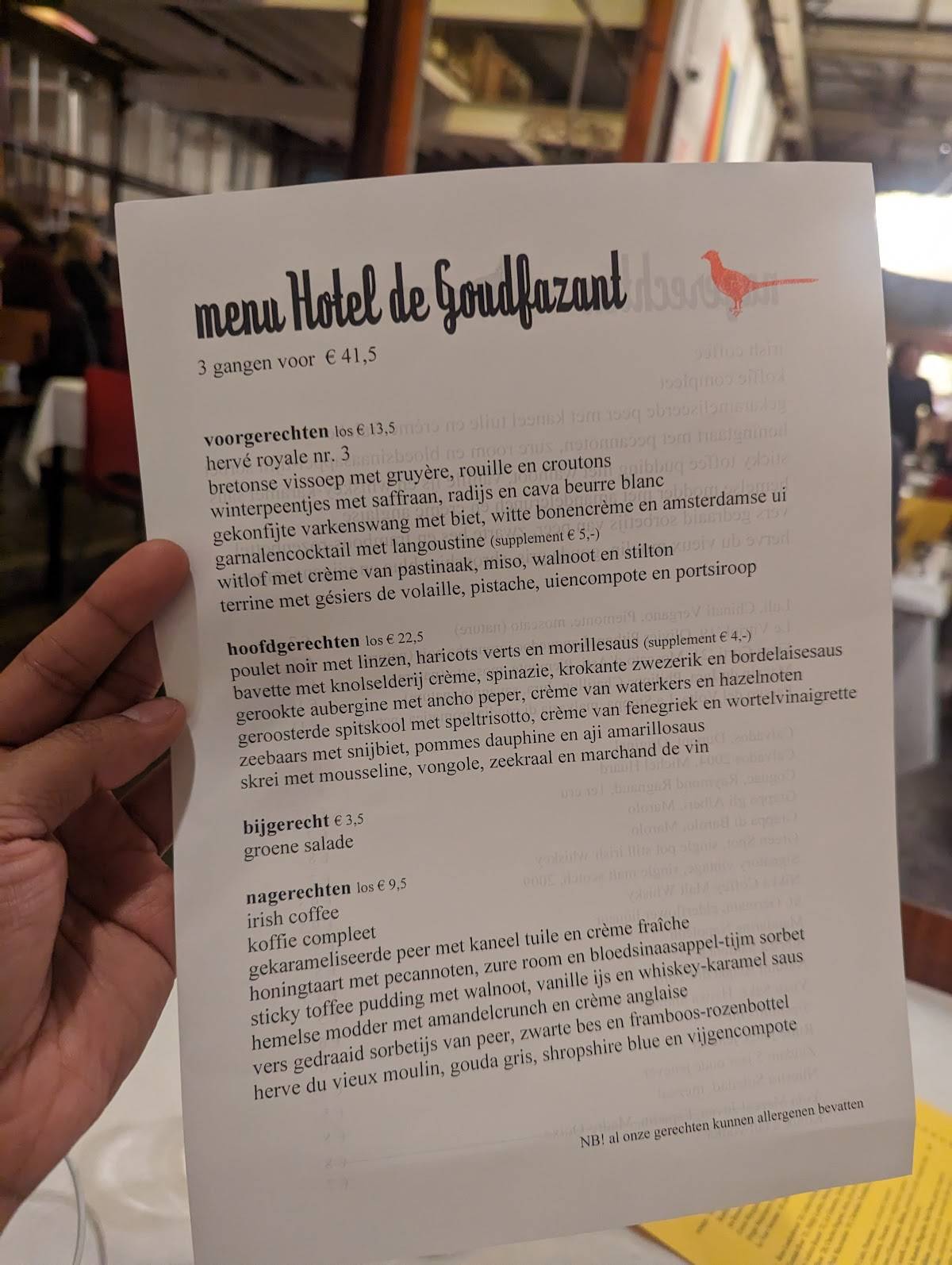 Menu at Hotel De Goudfazant, Amsterdam