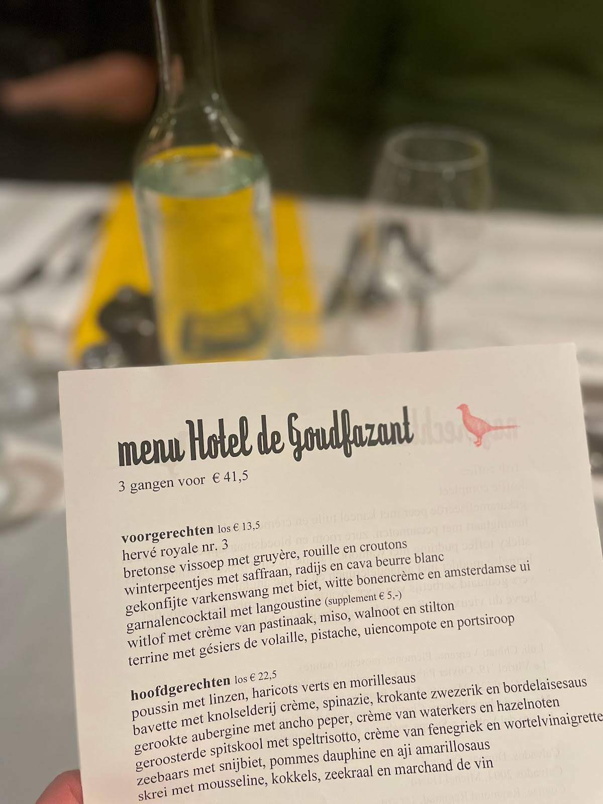 Menu at Hotel De Goudfazant, Amsterdam