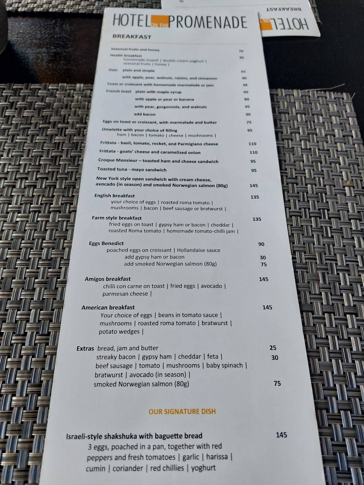 Menu at Hotel on the Promenade restaurant, Cape Town