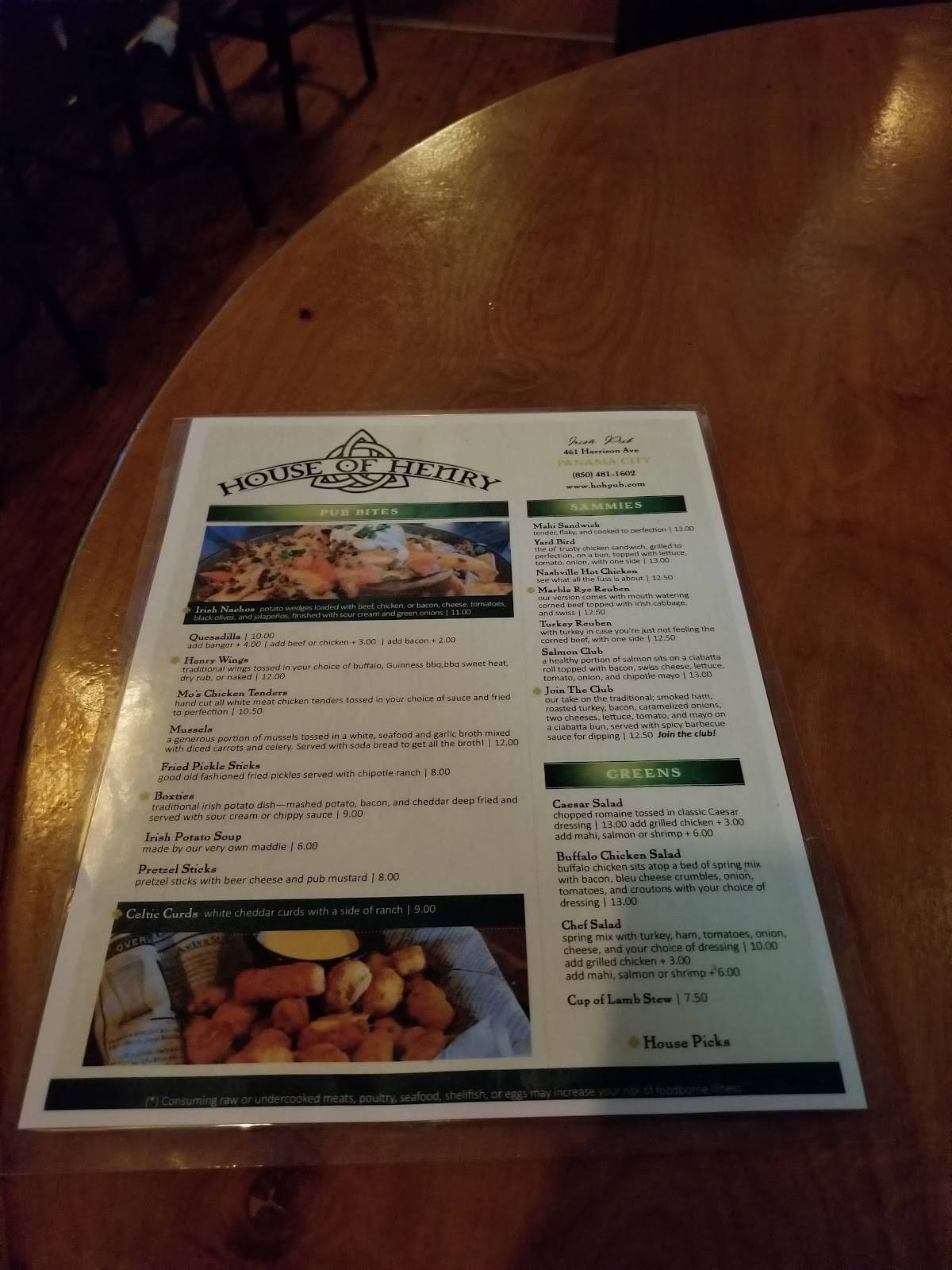 Menu at House of Henry Irish Pub and Restaurant, Panama City