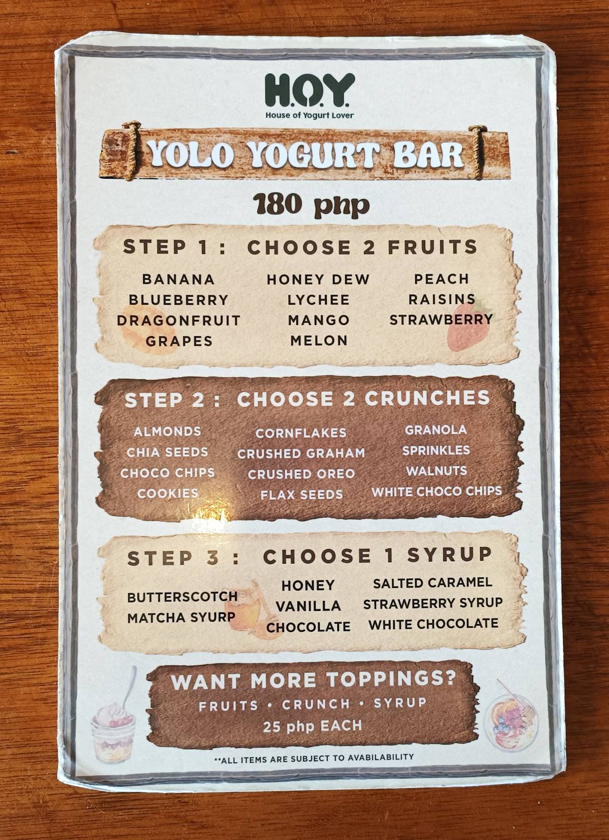 Menu at House of Yogurt Lover (H.O.Y.) restaurant, Baguio