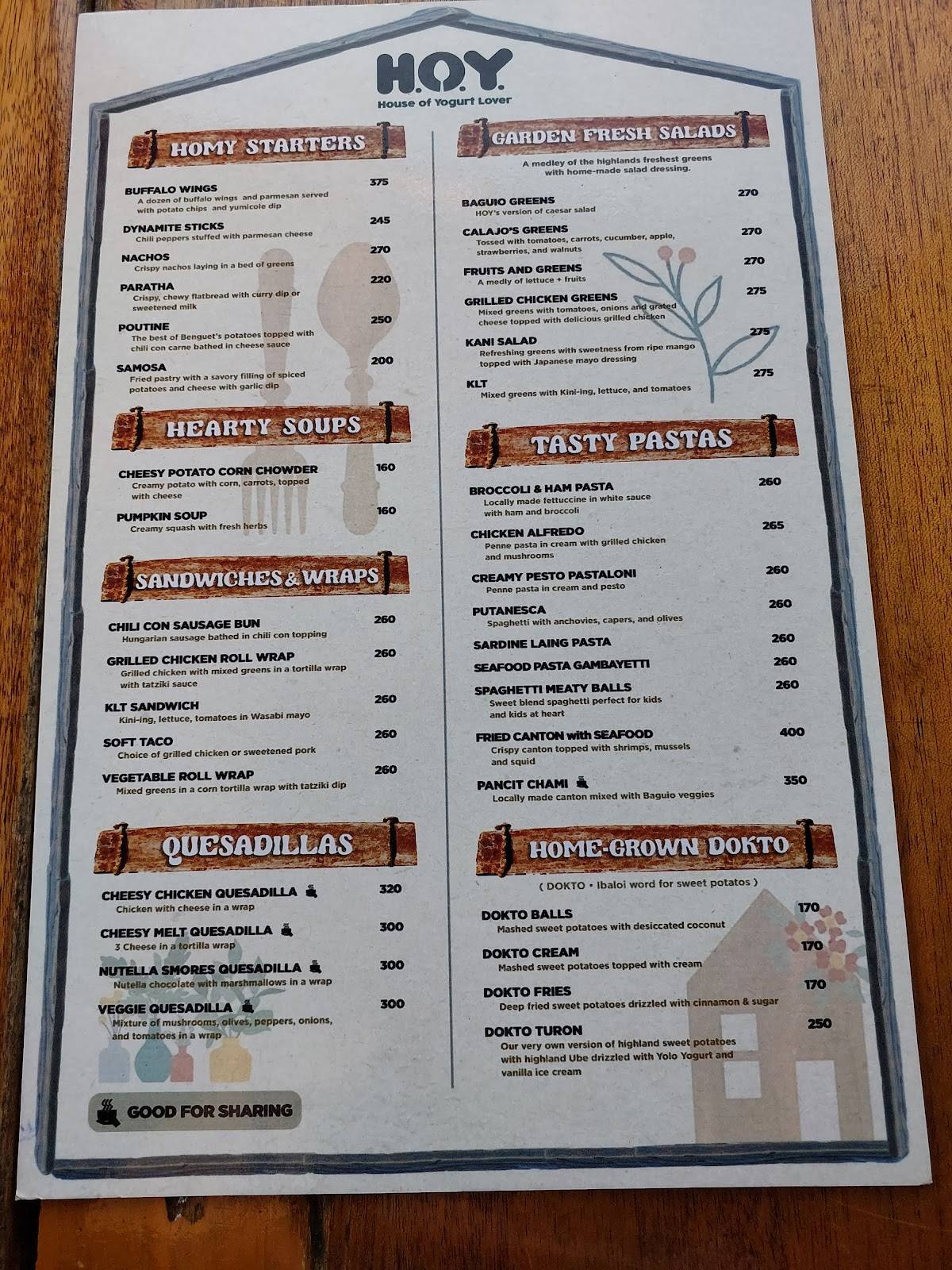 Menu at House of Yogurt Lover (H.O.Y.) restaurant, Baguio