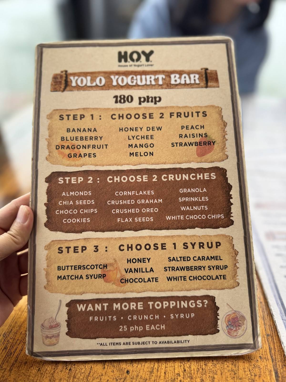 Menu at House of Yogurt Lover (H.O.Y.) restaurant, Baguio