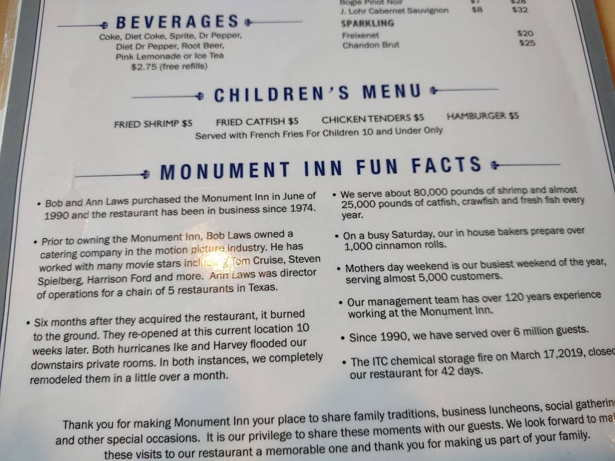 Menu at Monument Inn restaurant, La Porte, Independence Pkwy