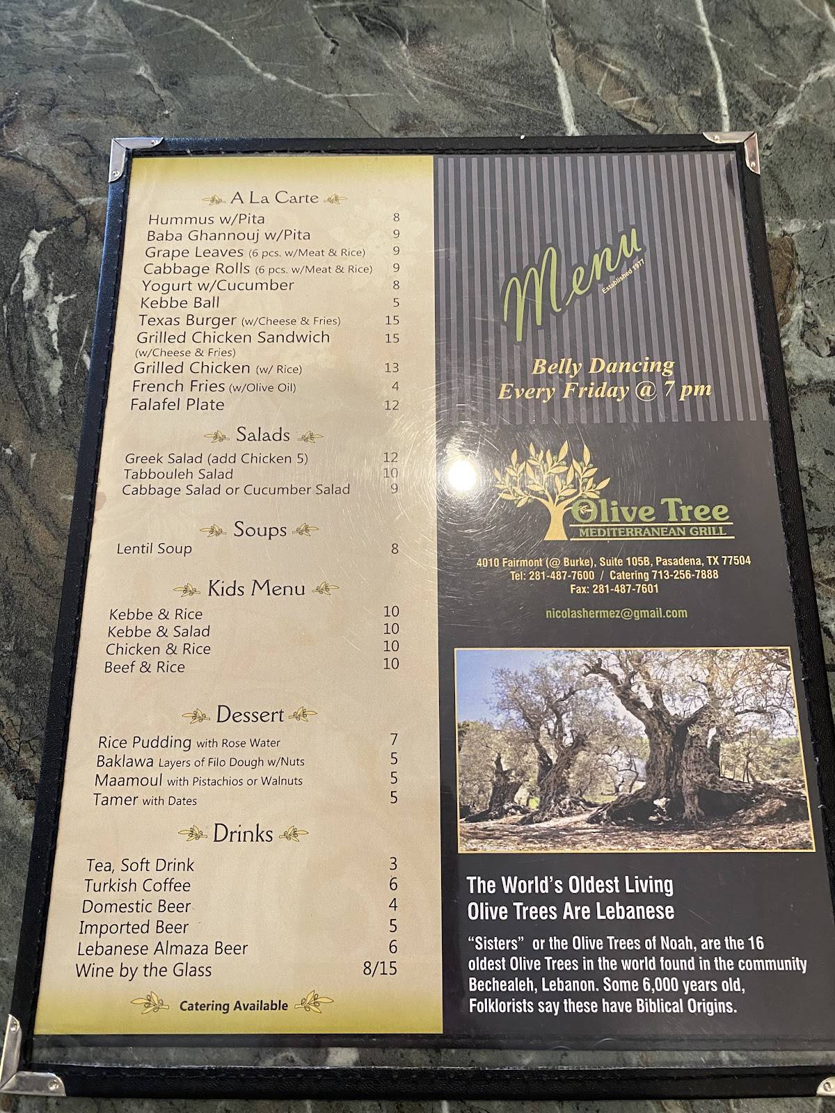 Menu at Olive Tree restaurant, Pasadena, Fairmont Pkwy