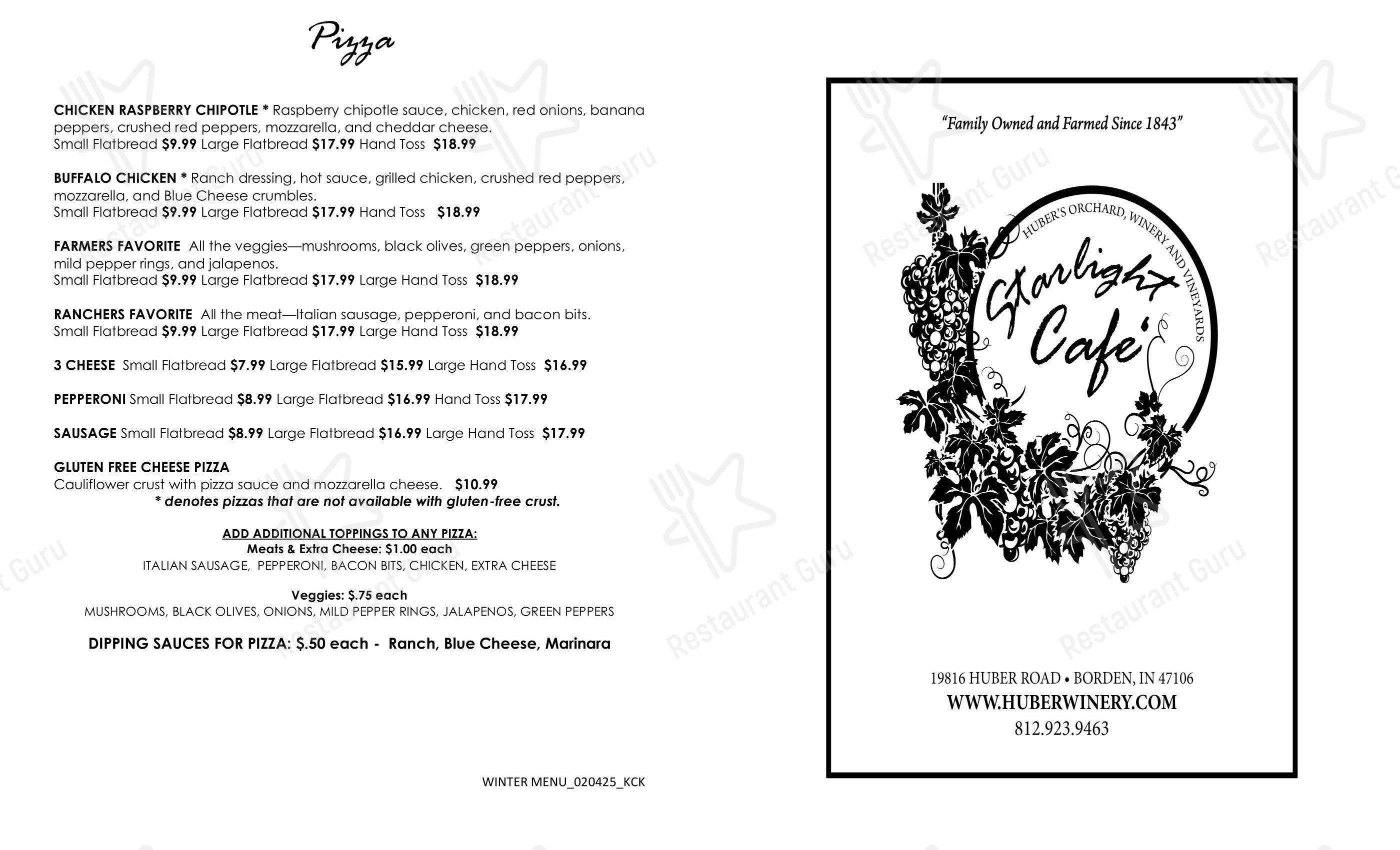 Menu at Huber Starlight Distillery cafe, Borden
