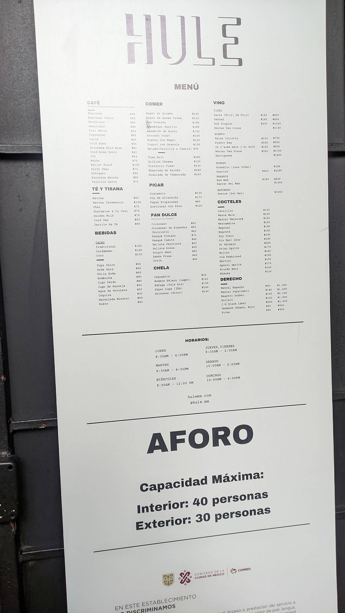 Menu at Hule cafe, Mexico City