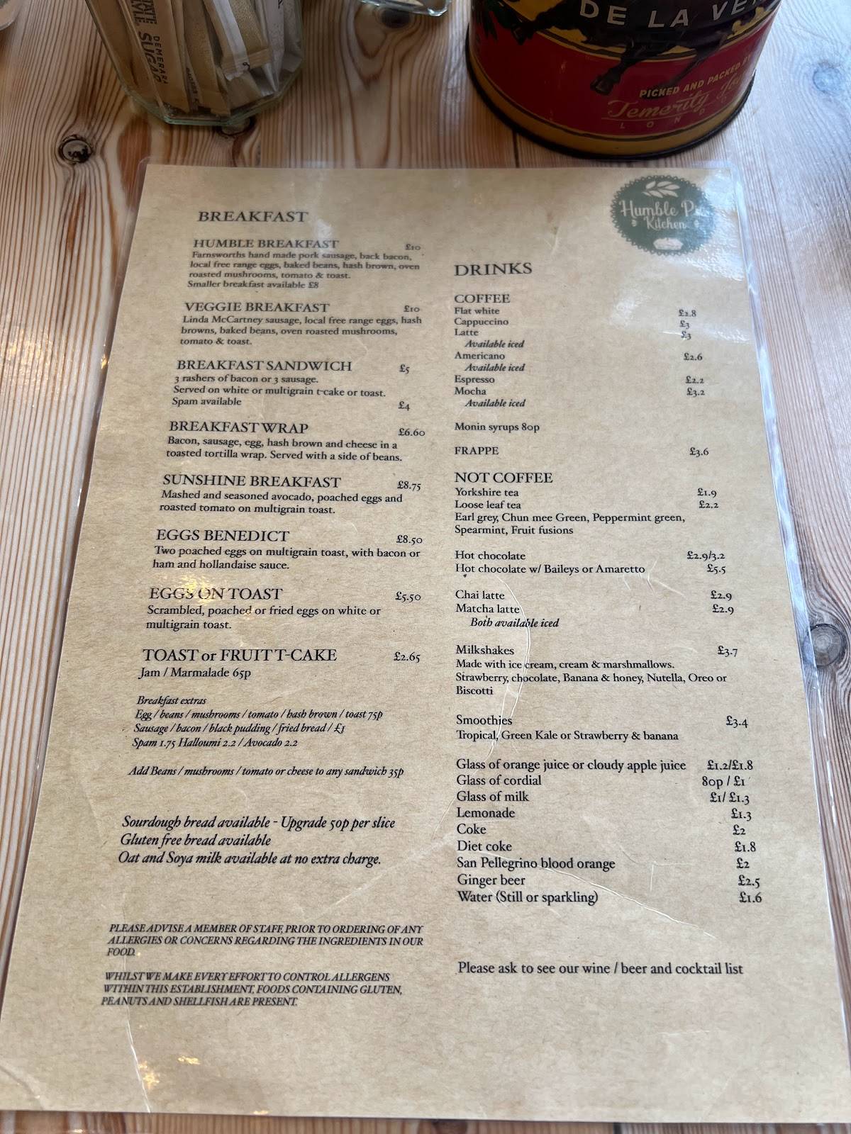 Menu at Humble Pie cafe, Barnoldswick