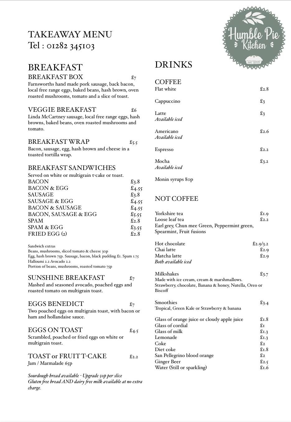 Menu at Humble Pie cafe, Barnoldswick