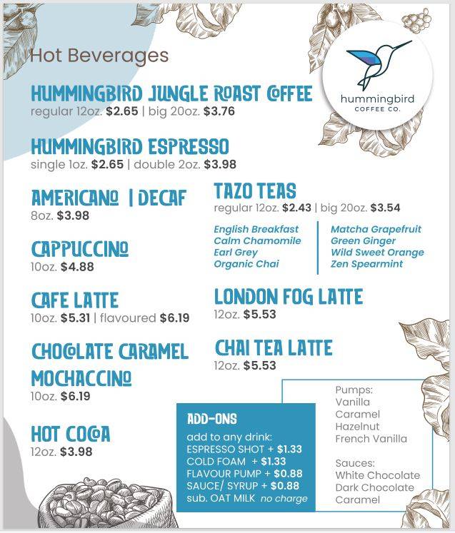 Menu at Hummingbird Coffee Co. cafe, Niagara Falls