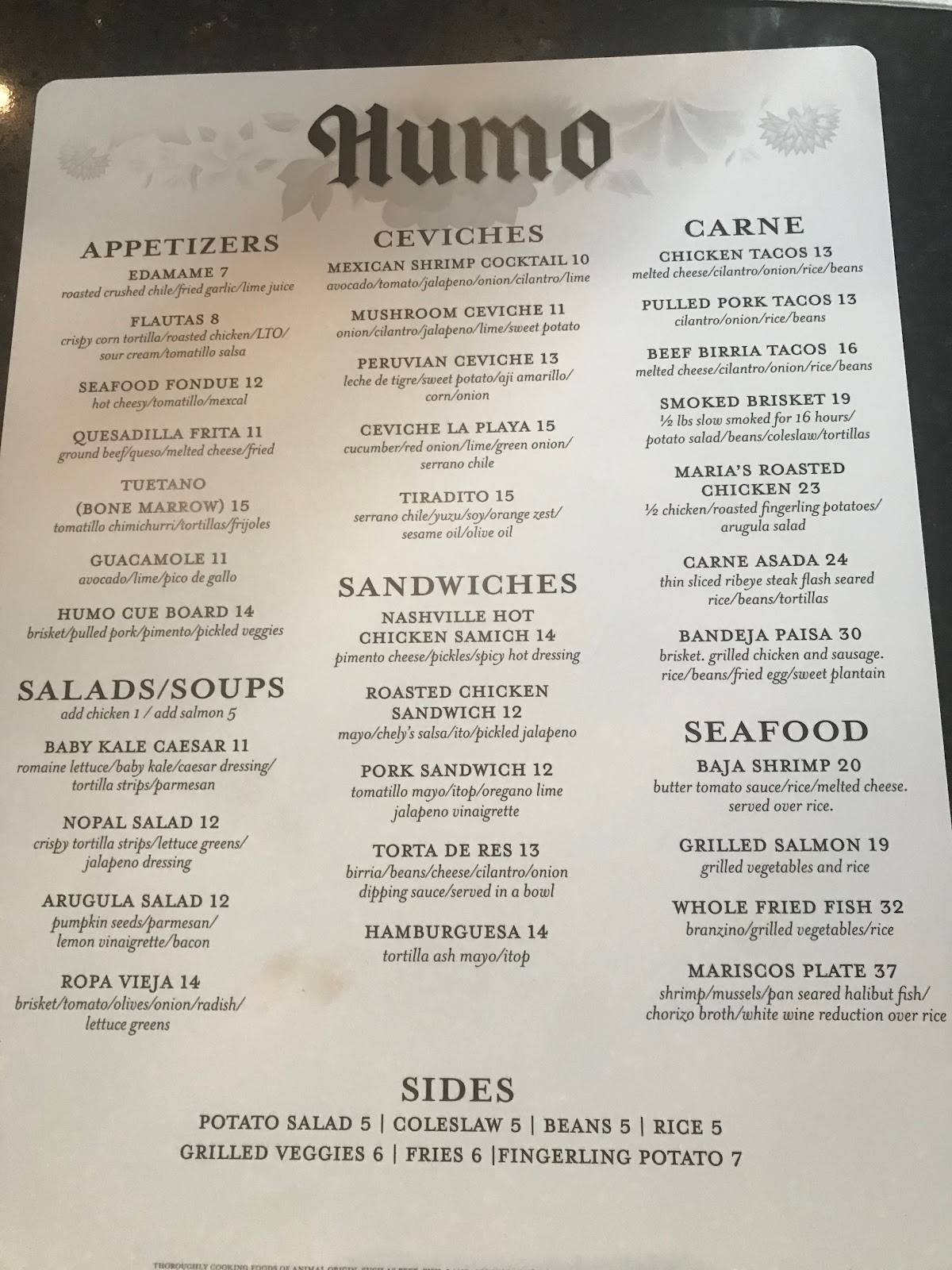Menu at Humo restaurant, Tyler