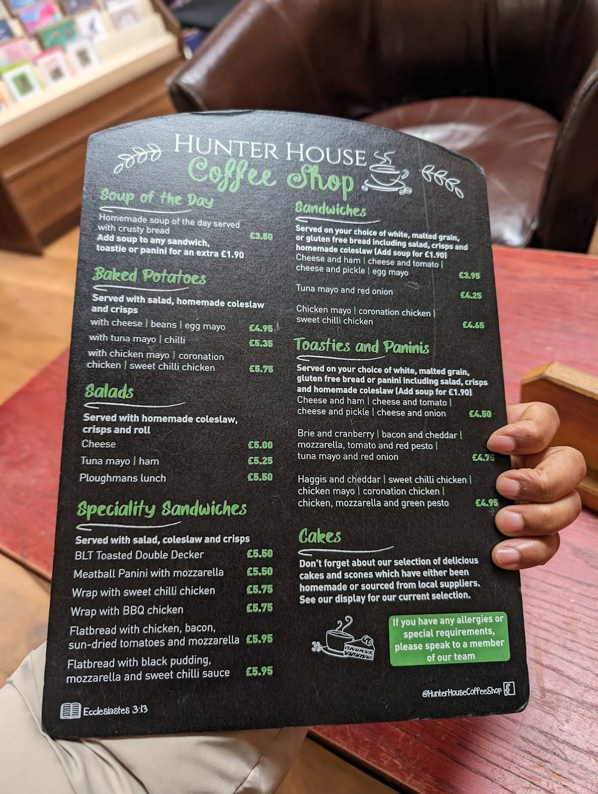 Menu at Hunter House Coffee Shop cafe, East Kilbride