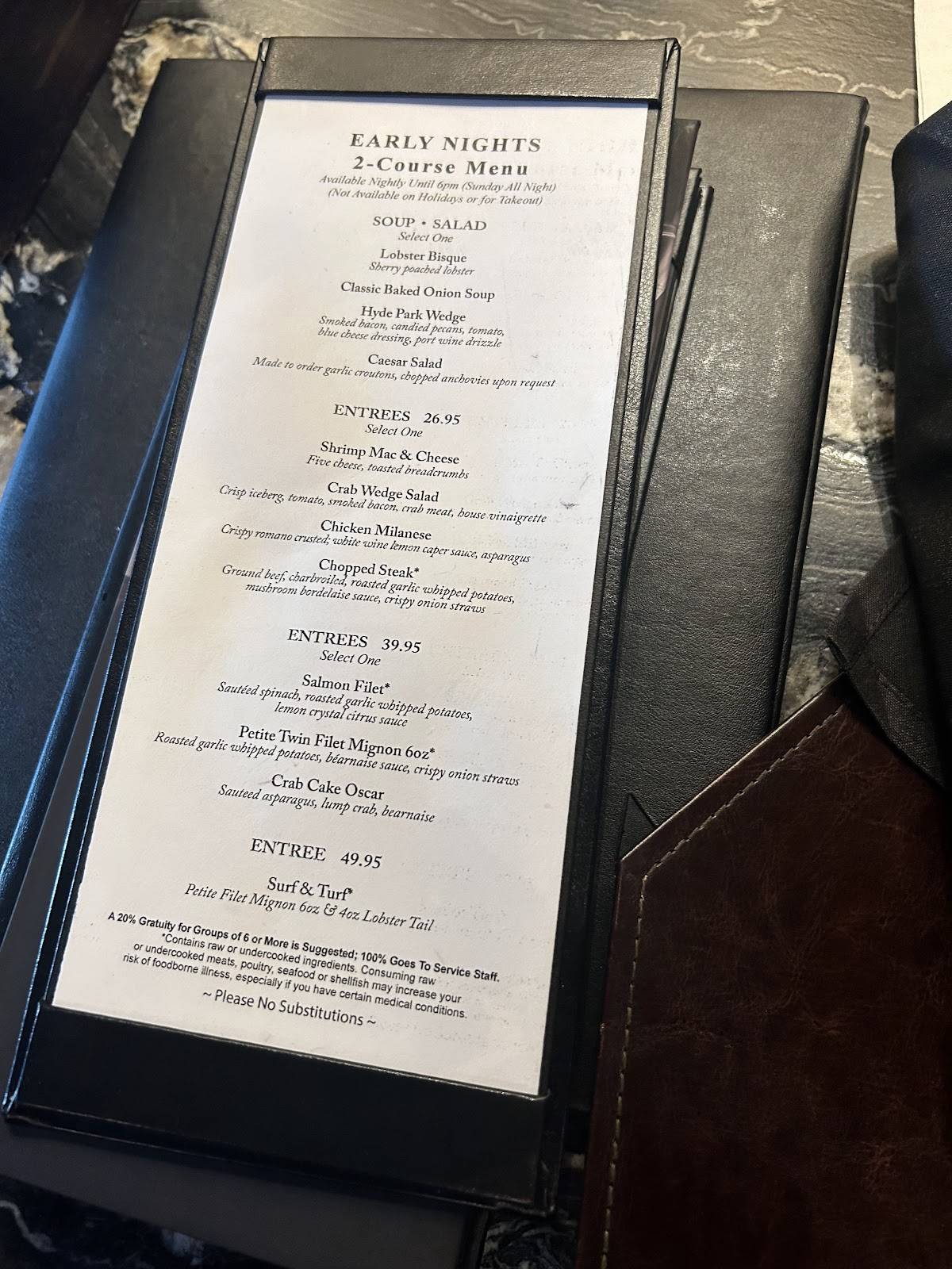 Menu at Hyde Park Prime Steakhouse, Pittsburgh, 247 N Shore Dr