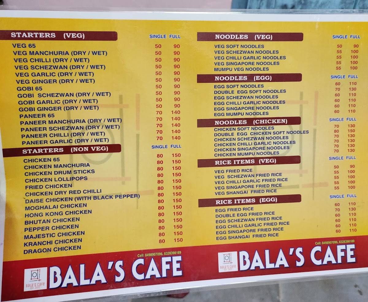 Menu at BALA'S CAFE, Hyderabad