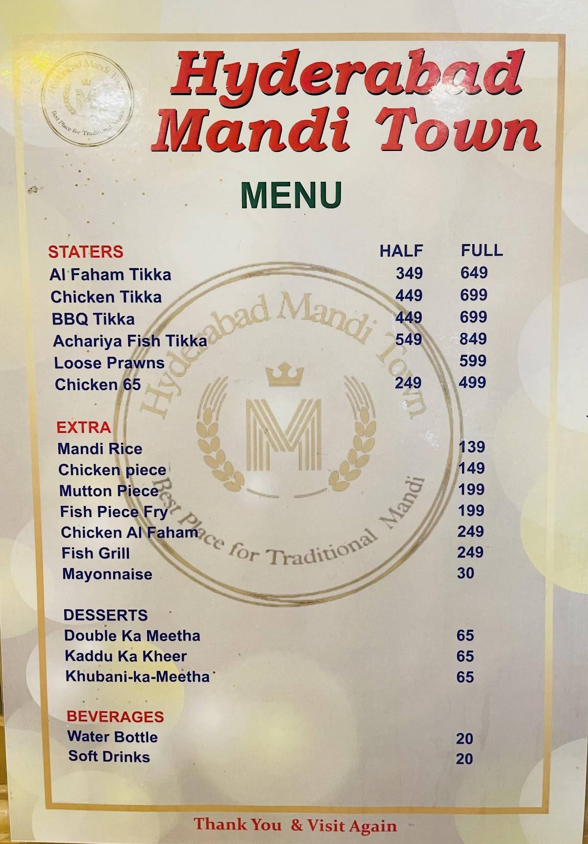 Menu at Hyderabad Mandi Town, Hyderabad