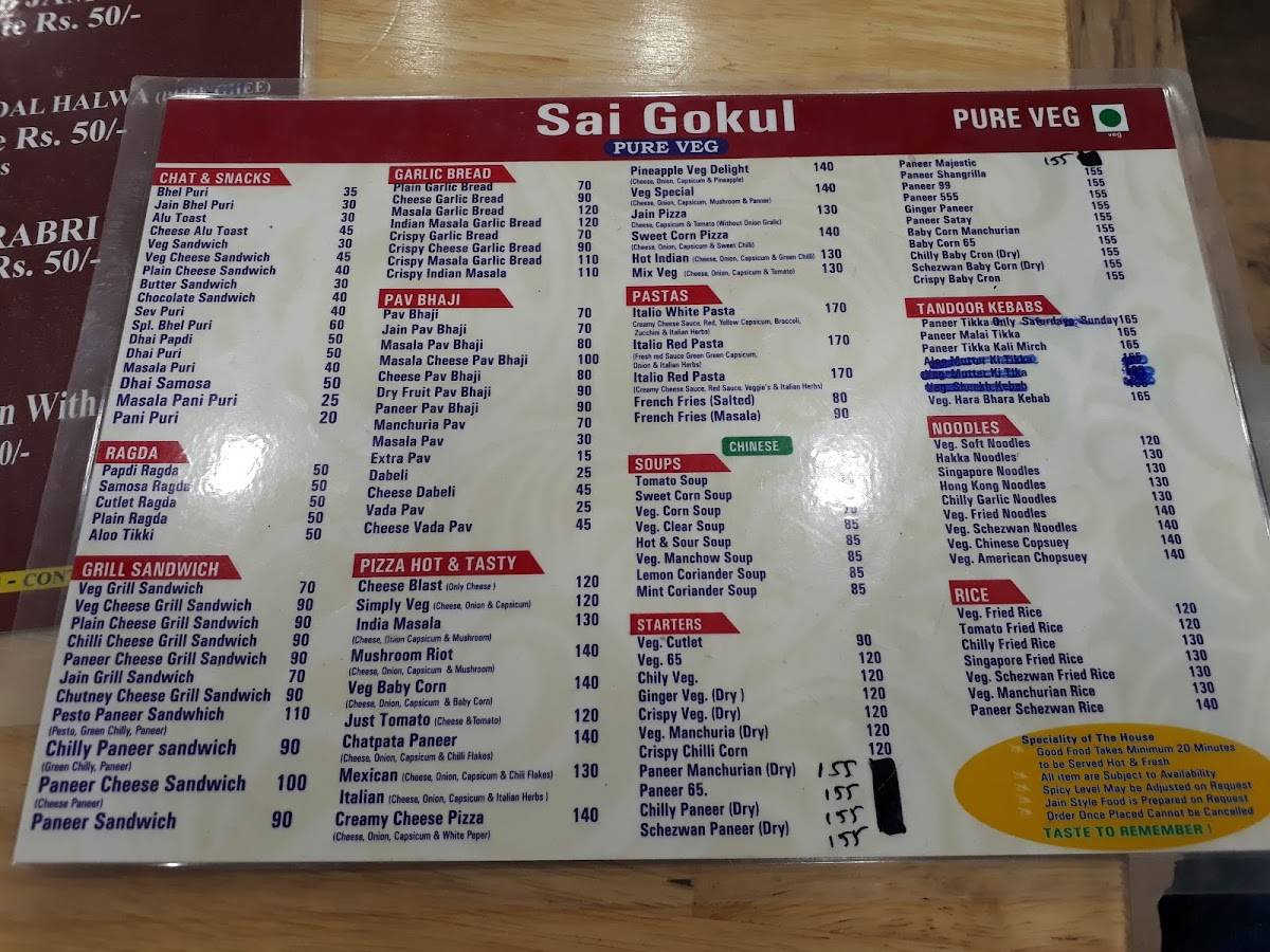 Menu at Sai Gokul, Hyderabad
