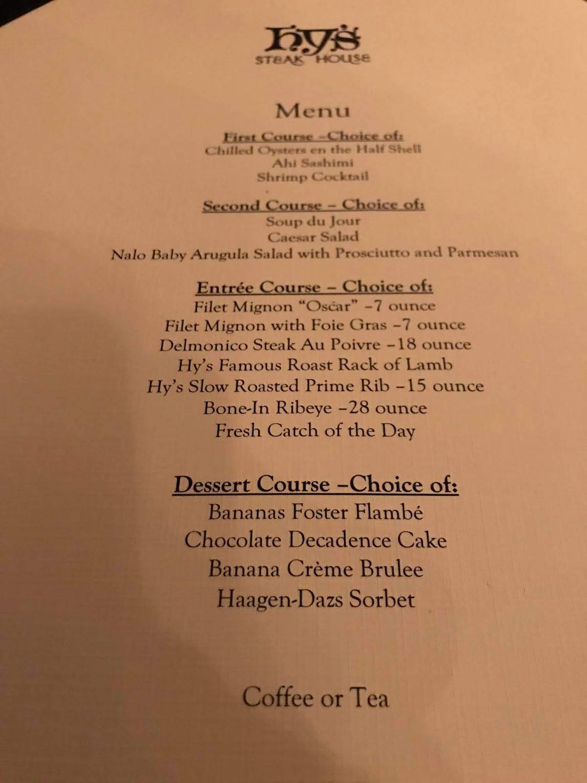 Menu at Hy's Steak House steakhouse, Honolulu