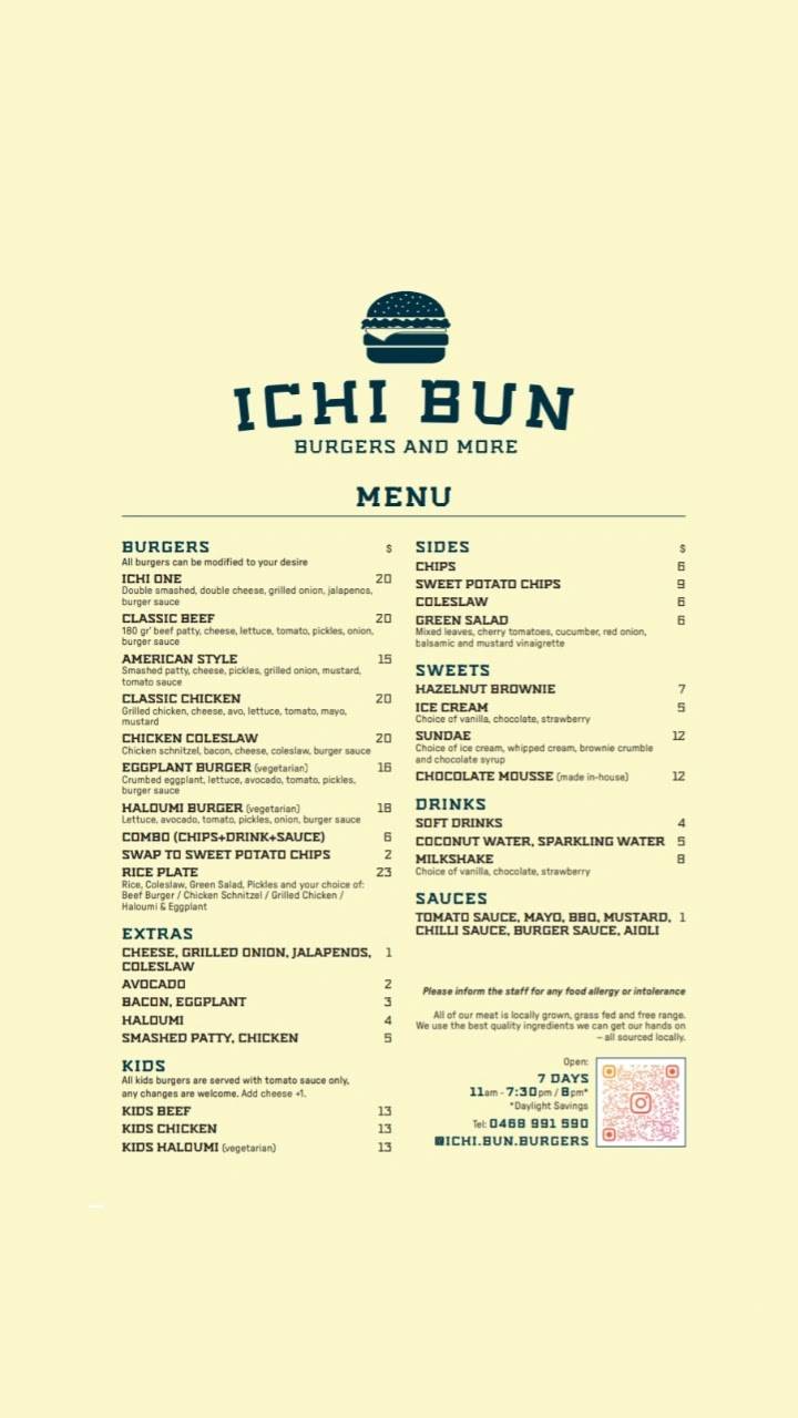 Menu at ICHI BUN restaurant, Mullumbimby