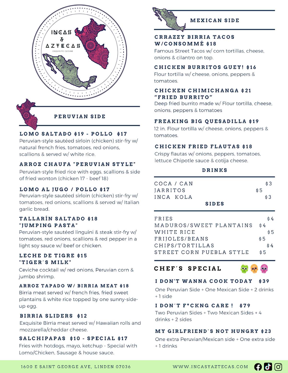 Carta de INCAS Y AZTECAS RESTAURANT, Linden