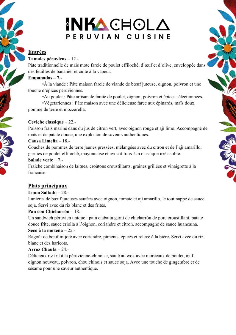 Menu at INKA CHOLA - RESTAURANT, Biel/Bienne