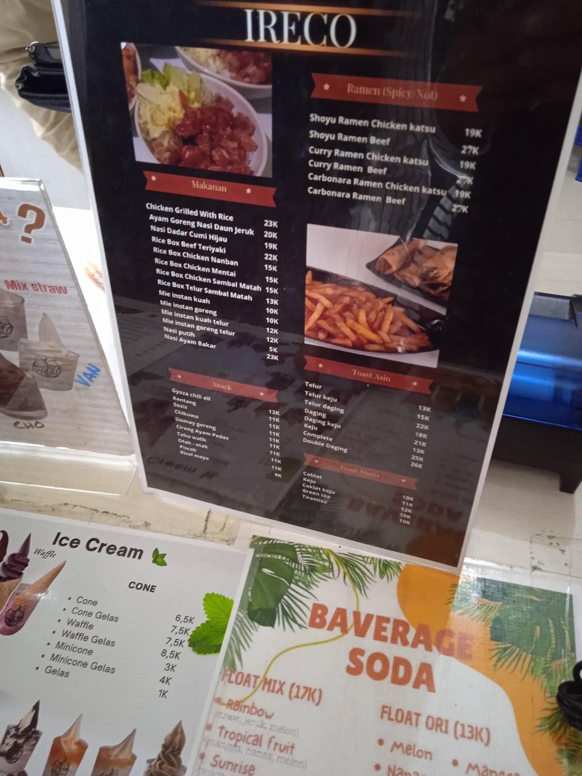 Menu at IRECO Ice Cream restaurant, Losari