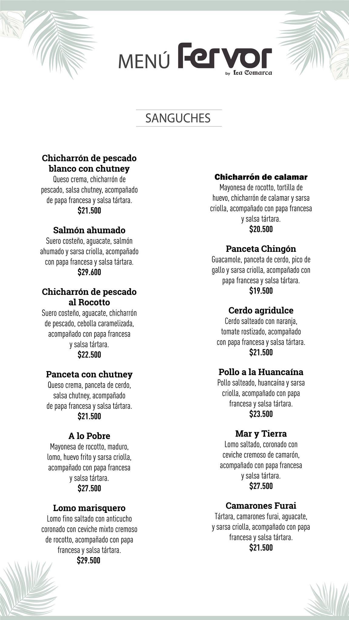 Carta del restaurante Fervor, Ibagué