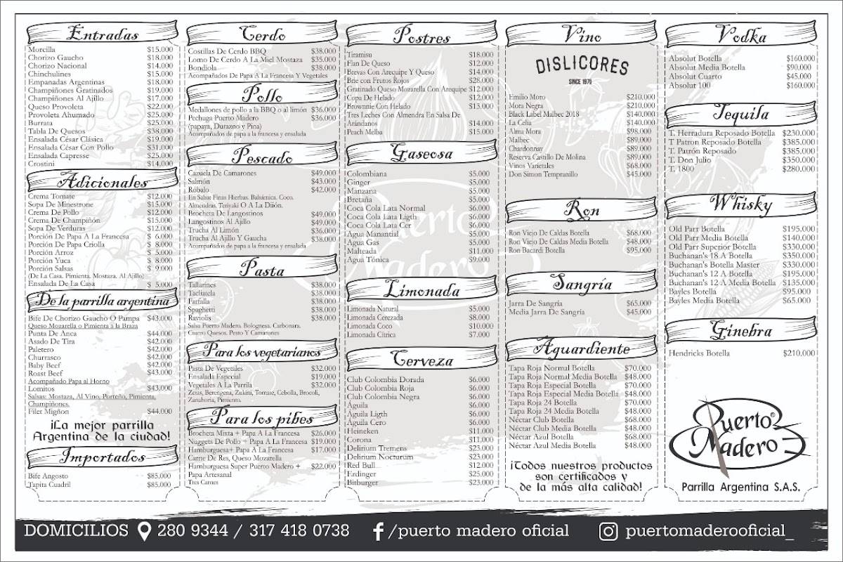 Menu at Puerto Madero restaurant, Ibagué