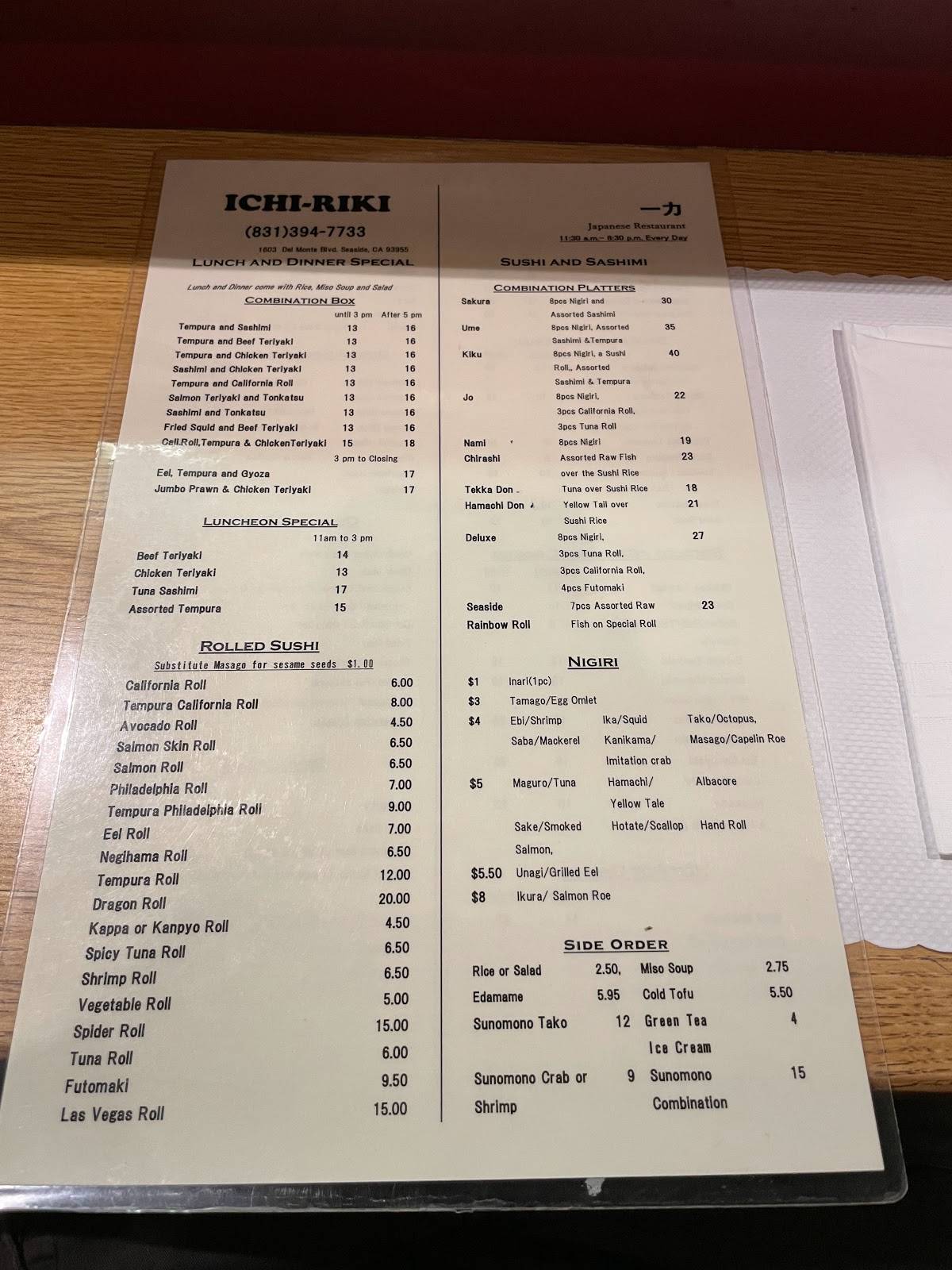 Menu at Ichi-Riki Japanese Restaurant, Seaside