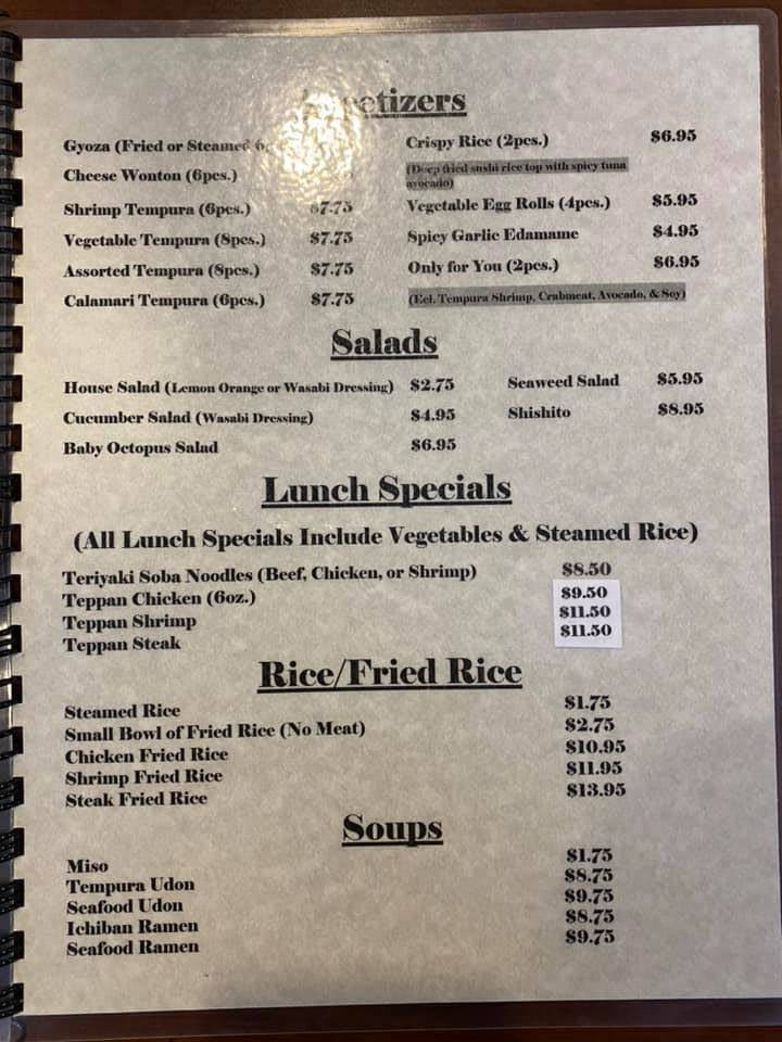 Menu at Ichiban restaurant, Tehachapi