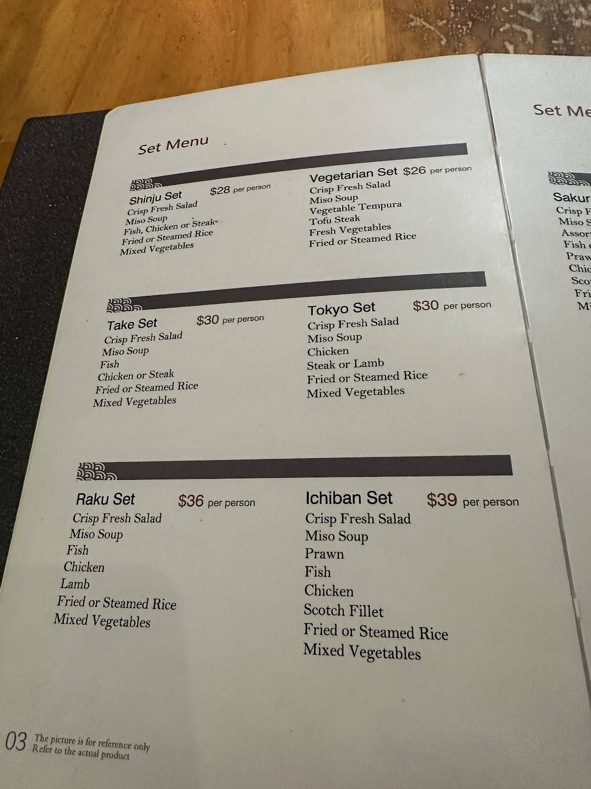 Menu at Ichiban Teppanyaki restaurant, Lower Hutt
