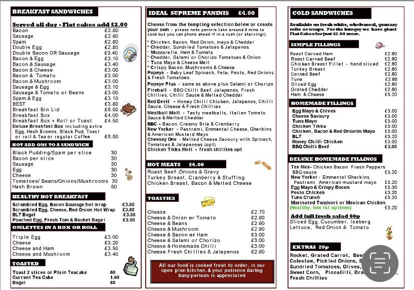Menu at Ideal Sandwich Bar, Leeds, 14 Victoria Ave