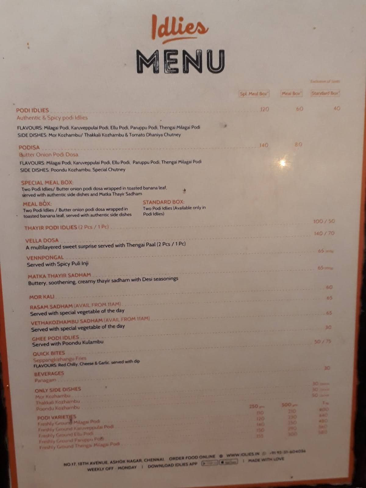 Menu at House of Idlies, Chennai, 27