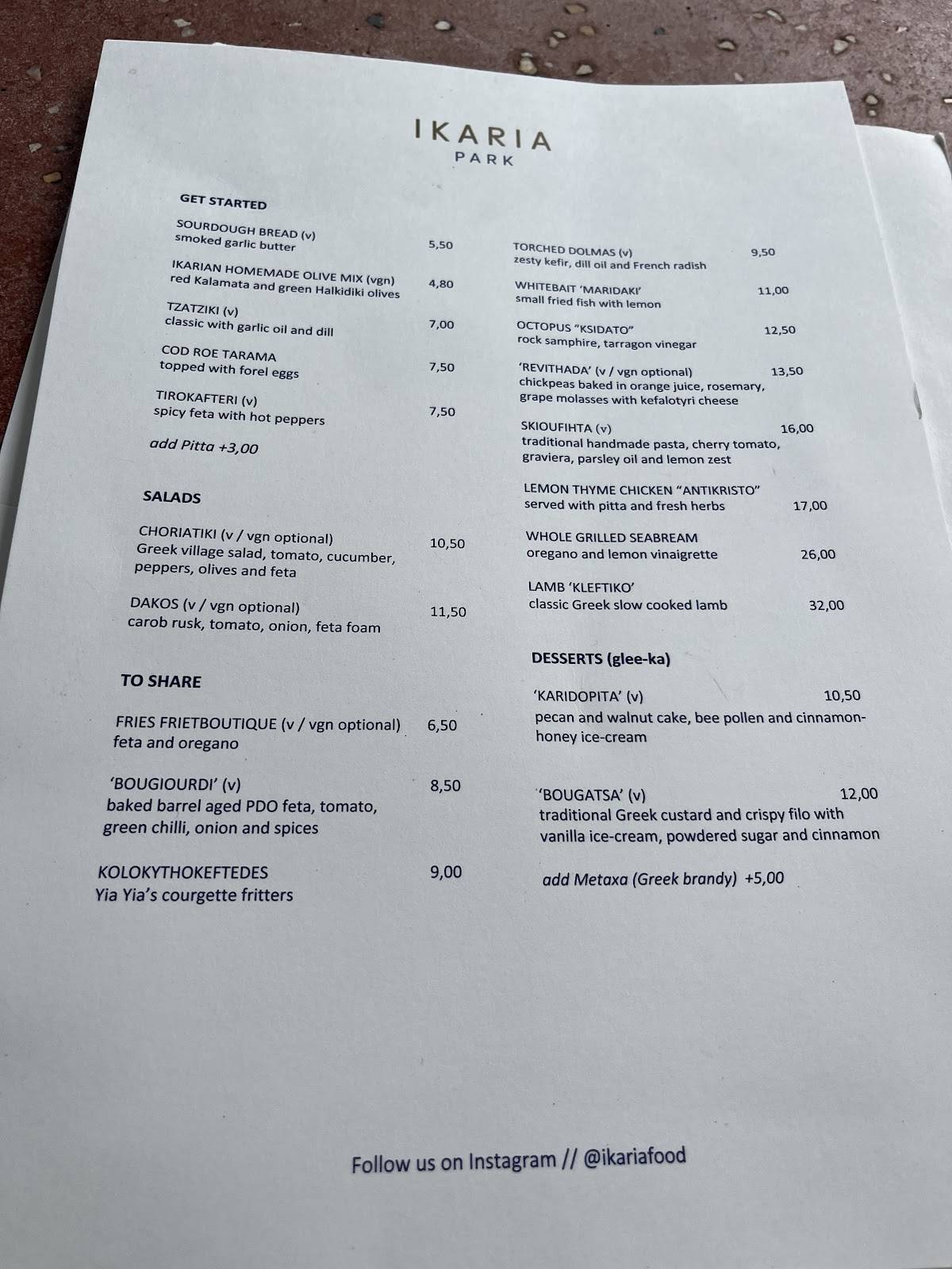 Menu at Ikaria Park restaurant, Amsterdam
