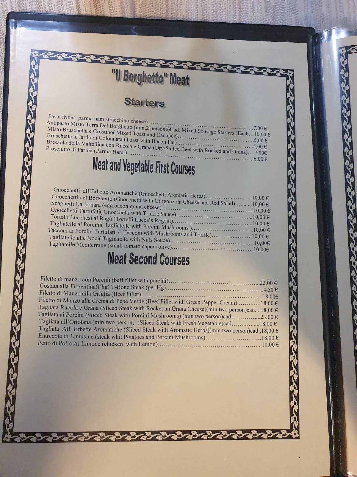 Menu at Il Borghetto del Castello restaurant, Lucca