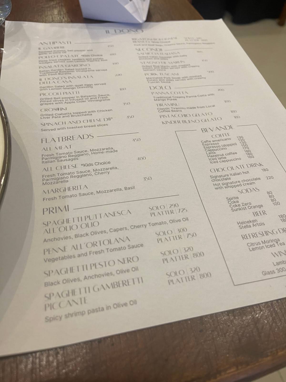 Menu at Il Dono restaurant, Tagaytay