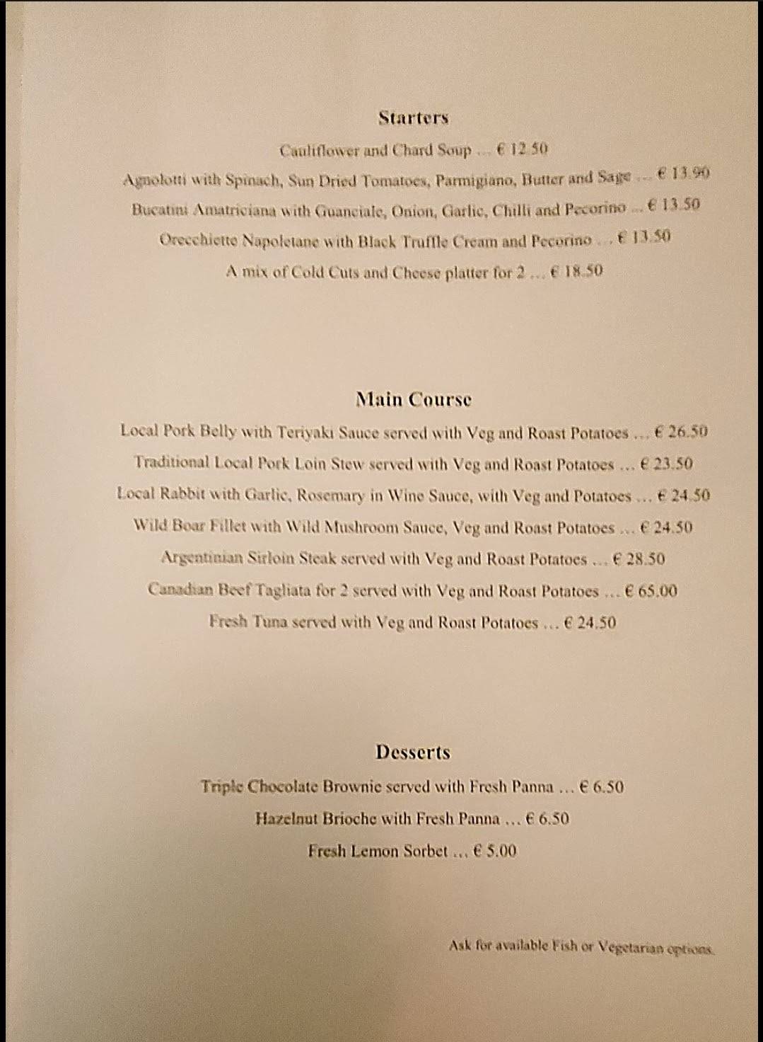Menu at Il-Horza Restaurant, Valletta